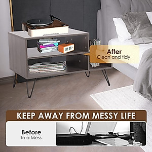 Gtouse Large Record Player Stand with 3 Cabinet, Mid-Century 3 Tier Display Stand Record Storage Turntable Stand Table with Metal Hairpin Legs for Living Room Bedroom Office, 34 x 18 x 21inches