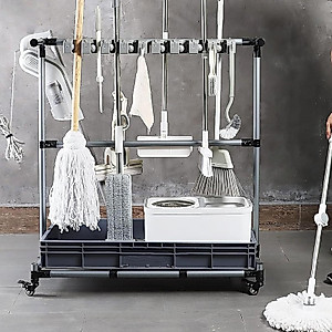 Broom and Mop Organizer Wall Hanging, Movable Commercial Multifunctional Cleaning Cart and Tool Organizer Drain Rack, 41.34x19.69x5.12 Inches Cleaning Cart Put Wet Mops for Garden Garage Organizer