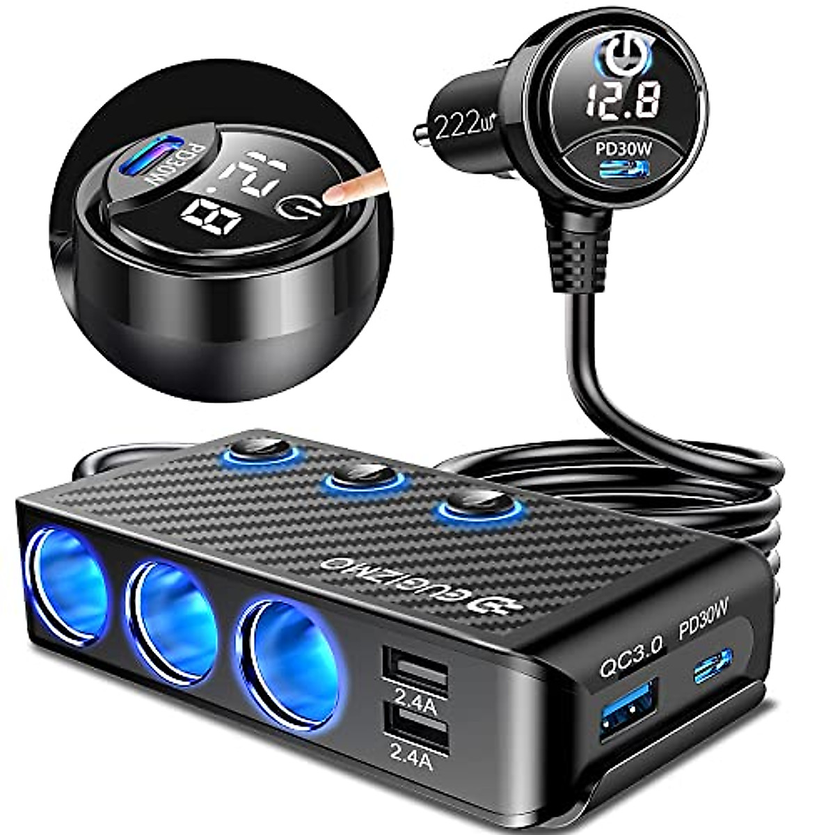 Car Cigarette Lighter Adapter, Dual USB C PD30W 3-sockets car Cigarette Splitter & QC 3.0 Fast car Charger for 12V/24V Vehicles, 222W LED Indicator & Independent Switches for GPS/Dash Cam/Phone