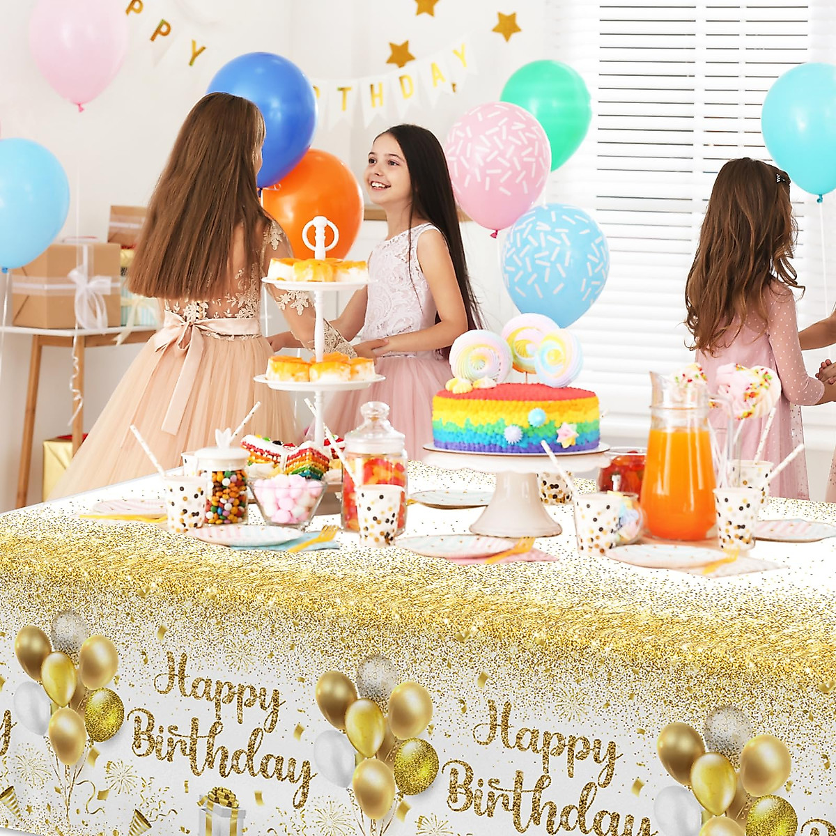Happy Birthday Tablecloths,Gold and White Birthday Party Decorations 3pcs Gold Confetti Disposable Table Cover for Indoor or Outdoor Girls Boys Women Men’s 21st 30th 50th Birthday Party