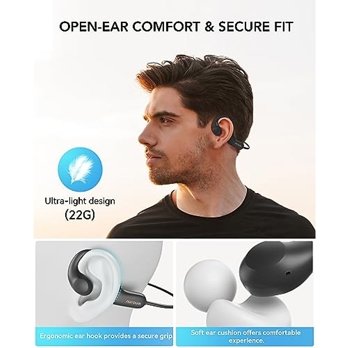 NUROUM OW10 Open Ear Air Conduction Headphone, 5.3 Bluetooth Earphone with 2 AI Noise Suppression MEMS Mics, IPX6 Waterproof ,10H Playtime,Sports Headphone for Hiking Running Cycling