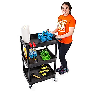 Tubstr Compact 3 Shelf Utility Cart | Heavy Duty Service Cart Supports up to 300 lbs! | Tub Cart with Deep Shelves | Great for Warehouse, Garage, Cleaning & More (3 Shelf/Black / 24 x 18)