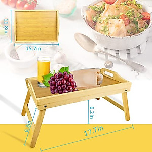 Bed Tray Table with Folding Legs, Bamboo Breakfast Food Lap Tray for Eating, Bed, Sofa, Working, Drawing, Kitchen Platters Desk Foldable Serving Bed Tray with Handles Laptop Computer Snack Tray Table