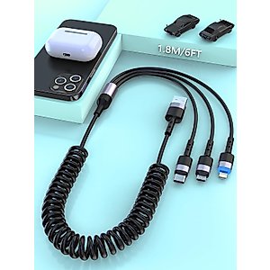 Opluz Multi 3 in 1 USB Universal Coiled phoneCable,1.8M/6FT Phone Multi Charger Cord for Car, Coiled USB to iOS Adapter,Type-C,Micro USB Charger Cable Compatible with Phone 15/14/pad/Samsung/Android