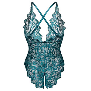 Donnalla Women Lingerie Lace Bodysuit Sexy Deep V Neck One Piece Body Suits Teddy Babydoll Green M
