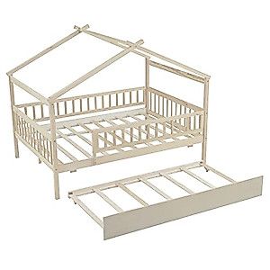 DEINPPA Full House Bed with Trundle, Kids Bed with Fence Guardrails, Wood Bed Frame, Decorative Roof Designs, No Box Spring Needed, for Boys Girls Toddler Kids-Natural