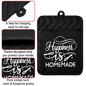 GROBRO7 6Pcs Funny Oven Mitts Pot Holders Set Happiness is Homemade Heat Resistant Hot Pads Machine Washable Gloves Durable Pocket Pot Holder with Hanging Loop for Safe Kitchen Baking Cooking Grilling