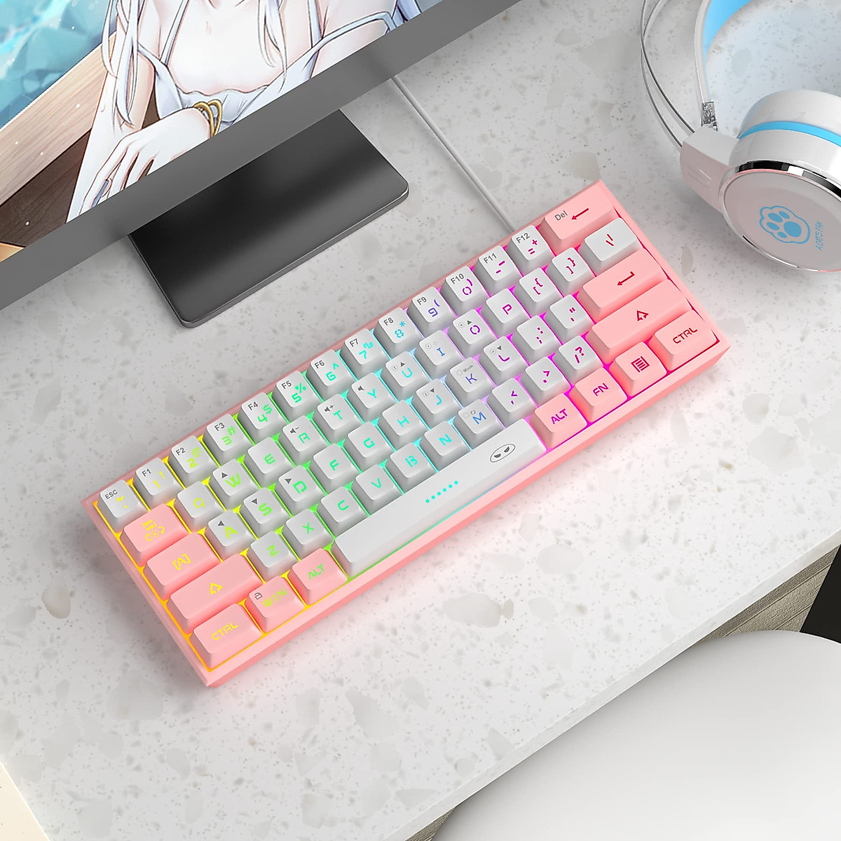 MageGee 60% Wired Gaming Keyboard, RGB Backlit Ultra-Compact Mini Keyboard, Waterproof Mini Compact 61 Keys Keyboard for PC/Mac Gamer, Typist, Travel, Easy to Carry on Business Trip(White Pink)