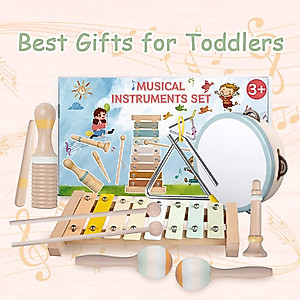 Baby Musical Instruments-Montessori Wooden Toys for Toddlers 1-3,Neutral Colors Percussion Instruments Set with Modern Boho Xylophone for Kids Preschool Educational 3+