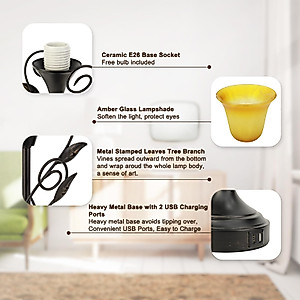 Bedside Lamps, Table Lamp with USB Port 3 Way Dimmable Touch lamp Torchiere Nightstand Lamps with Rustic Vines Leaf and Glass Flower Shade lamp for Bedroom, Living Room, Office