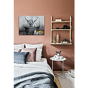 fengyuyi Highland Cow Wall Art Funny Bathroom Decor Cow in Bathtub Picture Animal Black and White Canvas Print Longhorn Farmhouse Wall Decor Stretched and Framed Ready to Hang 12x16inch