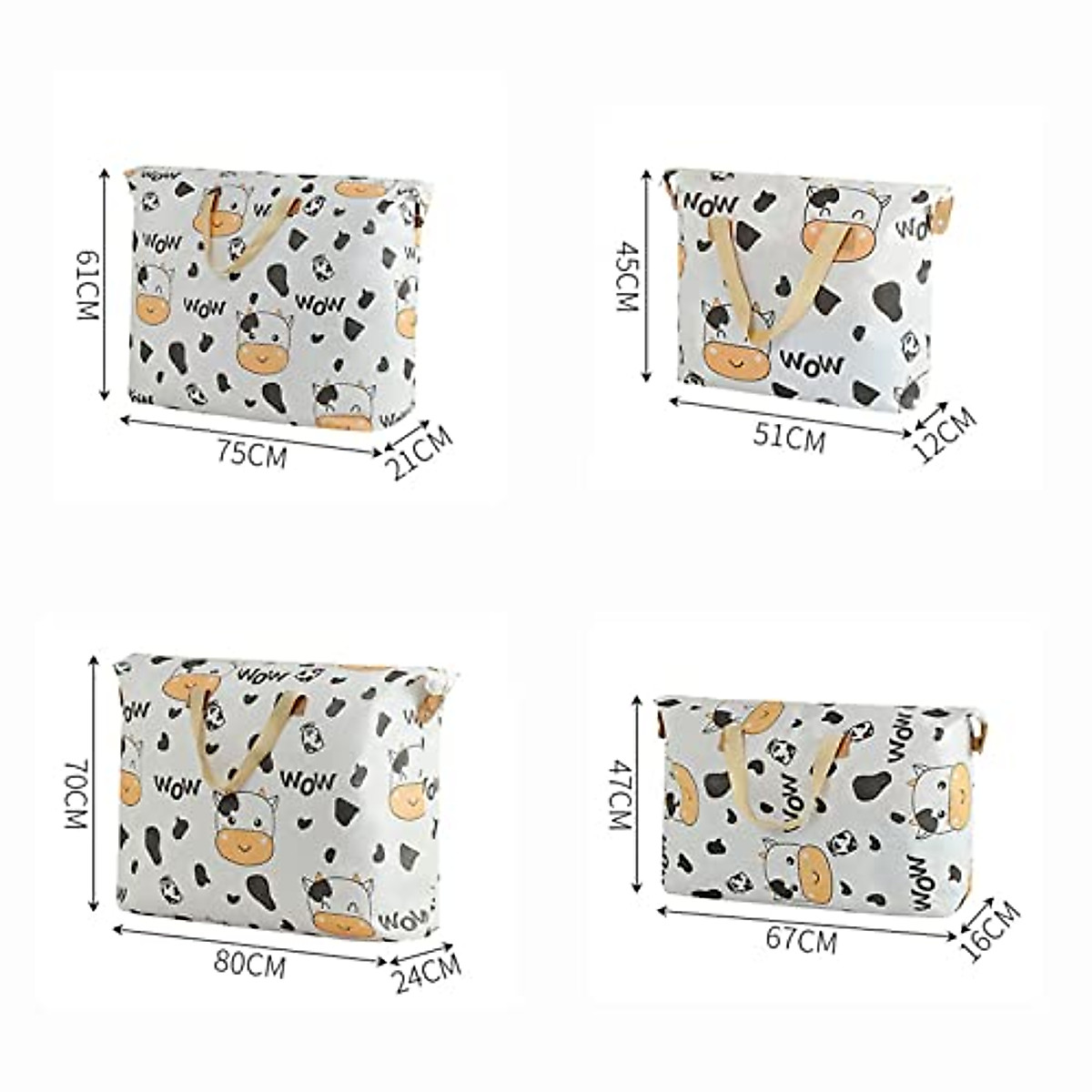 Elainilye 4pack Large Capacity Comforter Storage Bag, Milk Cow Printed, Reinforced Handle, Waterproof Closet Underbed Organizer Bag, Container Bag for Clothing Bedding, Travel Zipper Bag (white)