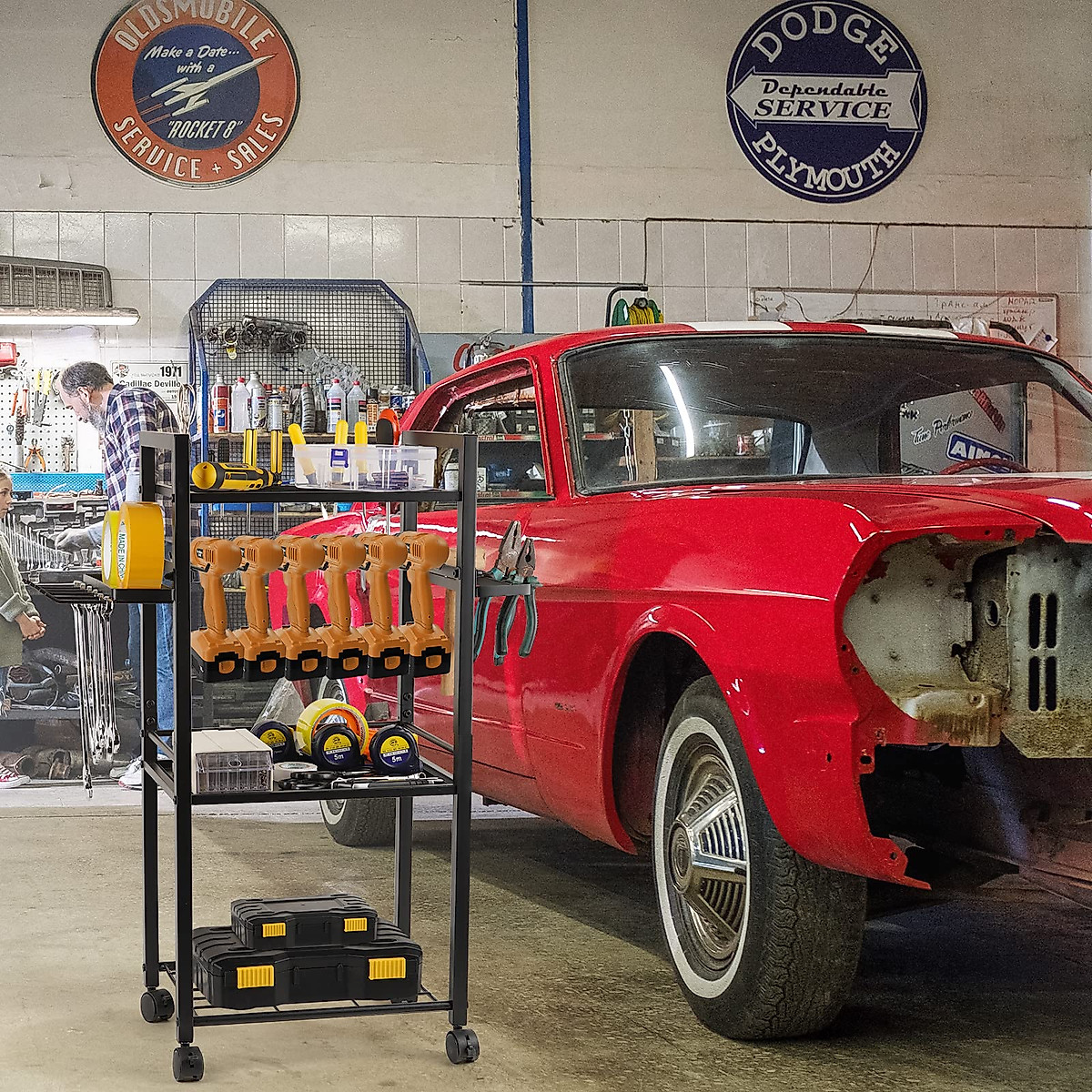 Jolensoy Tool Storage Organizer Garage Storage Organization Heavy Duty Metal Drill Holder with Wheels Rolling Tool Cart Gifts for Men Dad