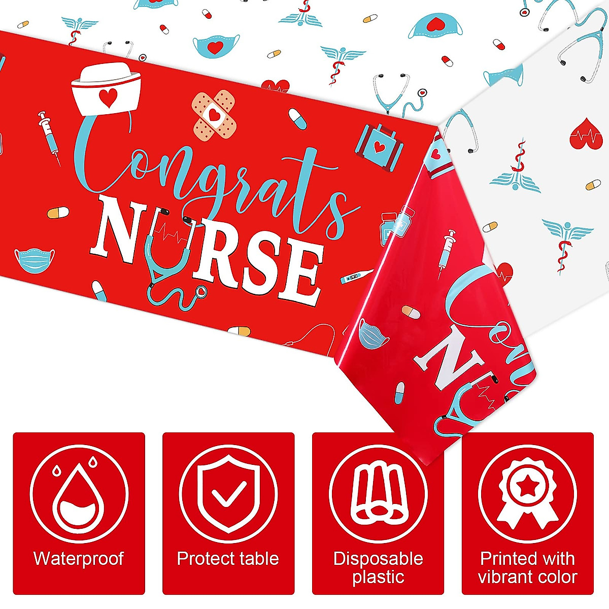 Moukeren 3 Pieces Nurse Graduation Tablecloth Nurse Graduation Party Supplies Nurse Plastic Congrats Table Covers Red White Nurse Graduation Table Cloth for Nurse Graduation Party Decor 54 x 108 Inch