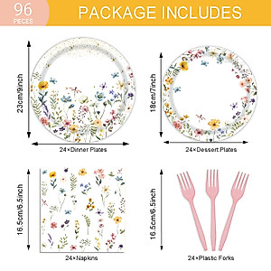 96 Pcs Wildflower Party Supplies Paper Plates and Napkins Disposable Spring Floral Baby Shower Birthday Tableware Decorations for Spring Summer Picnic Wedding Tea Party, Serve 24 Guests