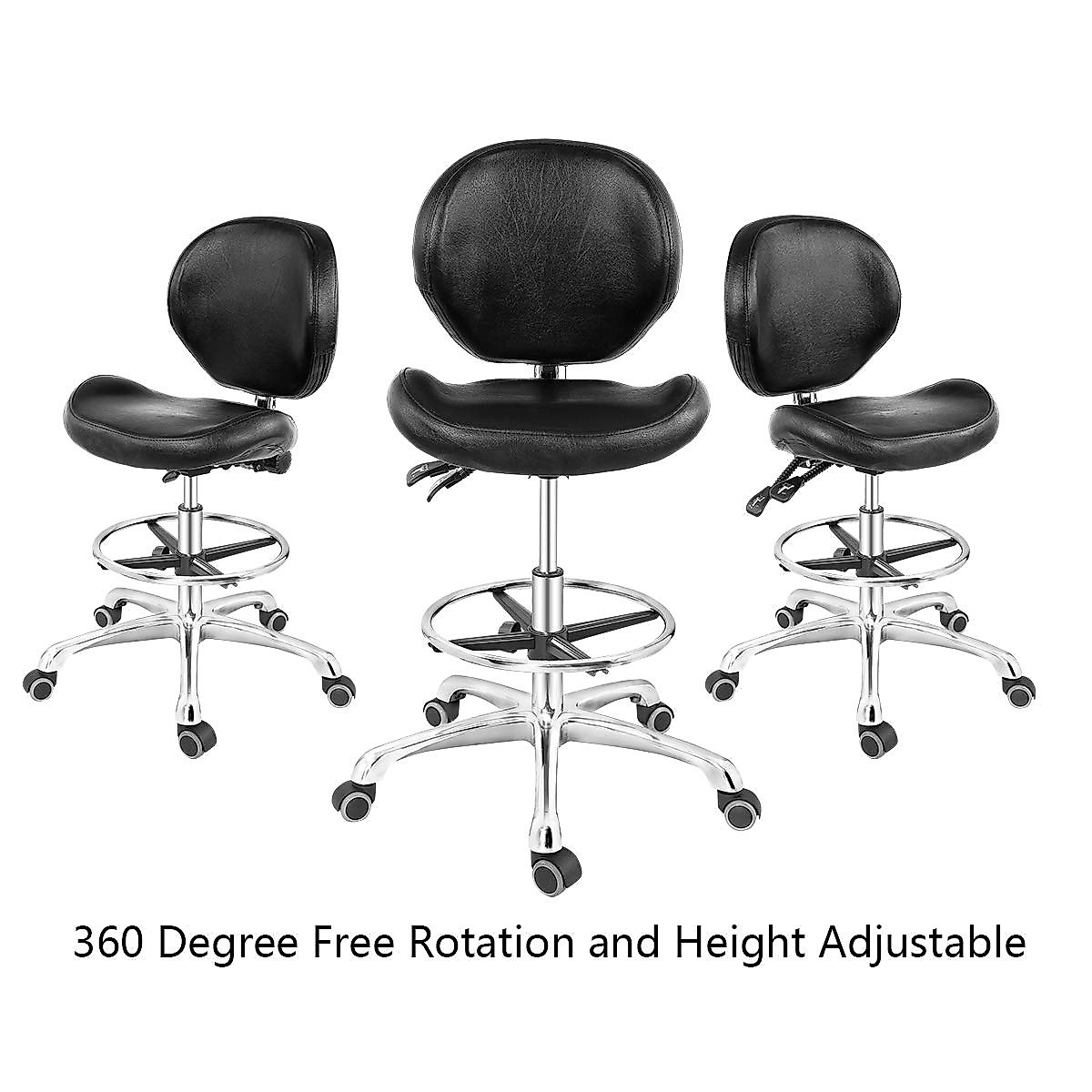 Drafting Chair Adjustable Tall Shop Stool, Rolling Chair with Backrest and Footrest for Computer, Studio, Workshop, Classroom, Lab, Counter, Home Office (Black)