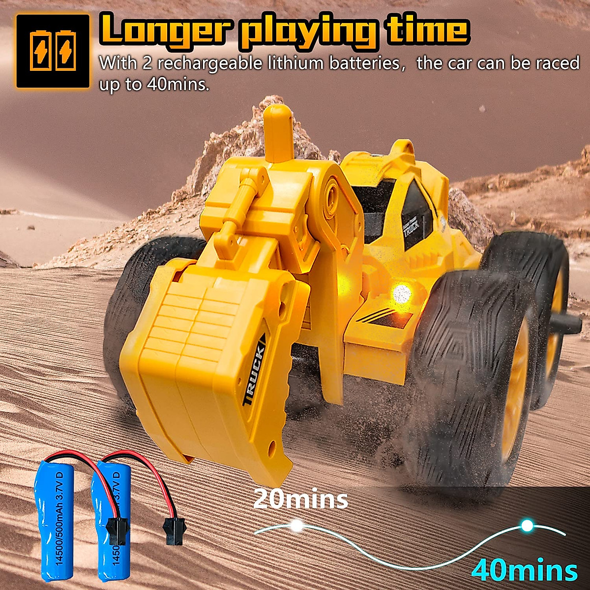 STEMTRON Stunt Car 2.4Ghz 4WD Remote Control Car Double Sided 360°Rotating RC Excavator with Lights Construction Vehicle Truck Outdoor Indoor Toys Gifts for Boys Girls