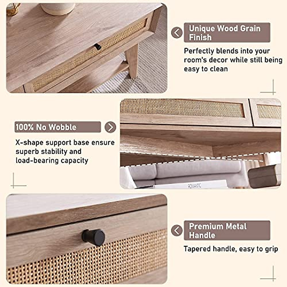 OKD Coffee Table, Mid Century Modern Storage Center Table for Living Room with Natural Rattan Double Sliding Drawers 2-Tier Open Shelf, Easy Assembly, Oak