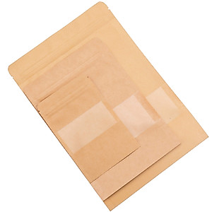 Kingrol 150 Count Kraft Paper Bags with Resealable Lock Seal Zipper &Transparent Window, Stand Up Food Bags, 3 Size - 3.5 x 5.5 Inch/5.5 x 8 Inch/7 x 10.25 Inch