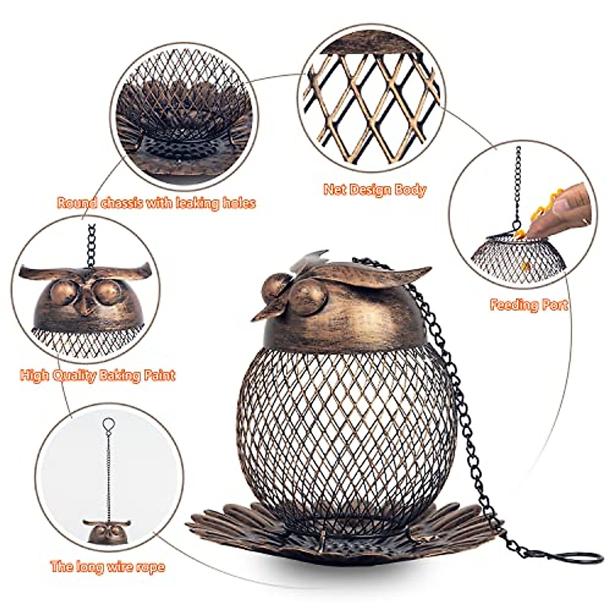 Cinlitek Outdoor Garden Wild Bird Feeder Hanging Bird Feeders, Heavy Duty Copper Metal Mesh Wild Finch Bird Feeder for Outside with Hook for Garden Yard Decor, Owl Shaped