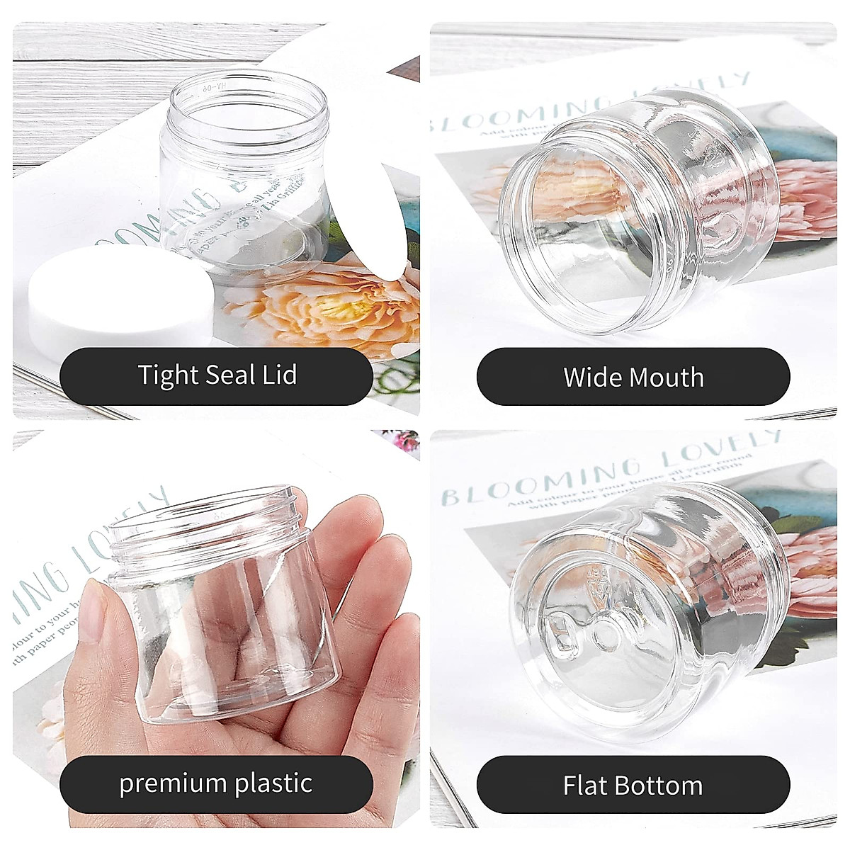 TUZAZO 2 OZ Plastic Jars Round Clear Cosmetic Container Jars with Lids and Labels, 24 Pack Small Plastic Jars for Lotion, Cream, Ointments, Makeup, Glitters, Samples, Travel Storage