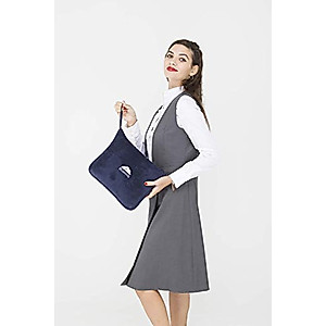 BlueHills Premium Soft Travel Blanket Pillow Value Pack Set of 2 - Airplane Flight Blanket Throw in Soft Bag with Luggage Belt Compact Pack Large Blanket for Travel Navy Blue and Purple Colors