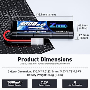 Zeee 7.2V 3600mAh RC NiMH Battery with Tamiya Plug High Power for RC Car RC Truck Associated HPI Losi Kyosho Tamiya Hobby(2 Pack)