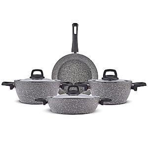 Karaca Gris BioGranite Cookware Set, 7 Piece, 3 Pots with Lid and Frying Pan, Natural Granite, Non-Stick Coating, Dishwasher Safe, Comfortable, Ergonomic Handle Grip