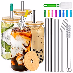 FEIMADA Drinking Glasses 4Pcs, 16oz Can Shaped Glass Cups with Bamboo Lids and Straw, Reusable Boba Cup, Beer Glasses, Iced Coffee Glasses, Cocktail Glasses, Wide Mouth Mason Jars for Smoothies