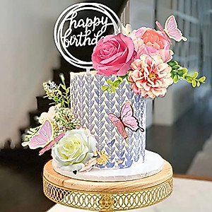 14 PCS Flower Cake Toppers Butterfly Cake Decorations Happy Birthday Cake Toppers with Artificial Pink Rose Flowers Eucalyptus Butterflies for Girls Birthday Party Wedding Baby Shower Supplies (Pink)
