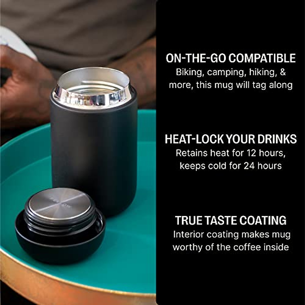 Fellow 16 oz Carter Wide Travel Mug - Wide Mouth Vacuum-Insulated Stainless Steel Coffee Mug - Tea and Coffee Tumbler - Travel Coffee Mug with Ceramic Interior - Matte Black