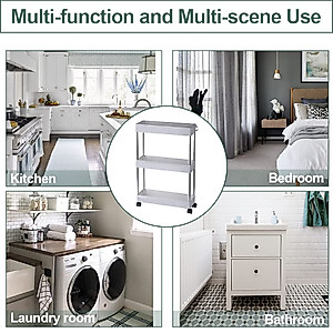 Slim Storage Cart, 3 Tier Mobile Shelving Unit Organizer, Slide Out Rolling Utility Cart Shelf Rack for Kitchen Bathroom Laundry Room Narrow Places, Plastic & Stainless Steel, Gray