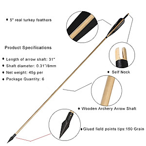 Huntingdoor Wooden Arrows 31inch Archery Shaft 5" Turkey Feathers Fletching with Arrowhead 150 grain for Traditional Recurve Bow or Longbows (Black)