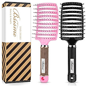 Hair Brush Set, Curved Vented Detangling Hair Brushes for Women Men Kids, Professional Vent Styling Brush for Wet Dry Curly Thick Straight Hair Fast Blow Drying Brush (Pink+ Black)