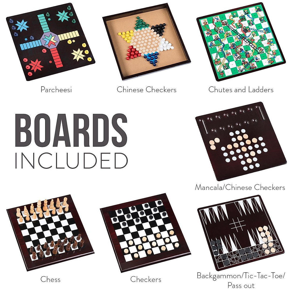 Board Game Set - Deluxe 15 in 1 Tabletop Wood-accented Game Center with Storage Drawer (Checkers, Chess, Chinese Checkers, Parcheesi, TicTacToe, SOlitaire, Snakes and Ladders, Mancala, Backgammon, Poker Dice, Playing Cards, Go Fish, Old Maid, and Dominos)