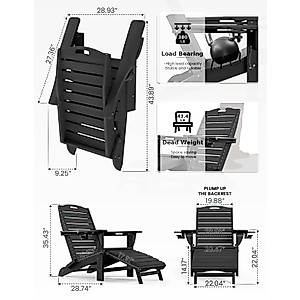 Ciokea Folding Adirondack Chair with Retractable Ottoman Fire Pit Patio Chair with Pull Out Foot Rest Weather Resistant Lawn Outdoor Lounge Chair with 2 Cup Holder (Black)