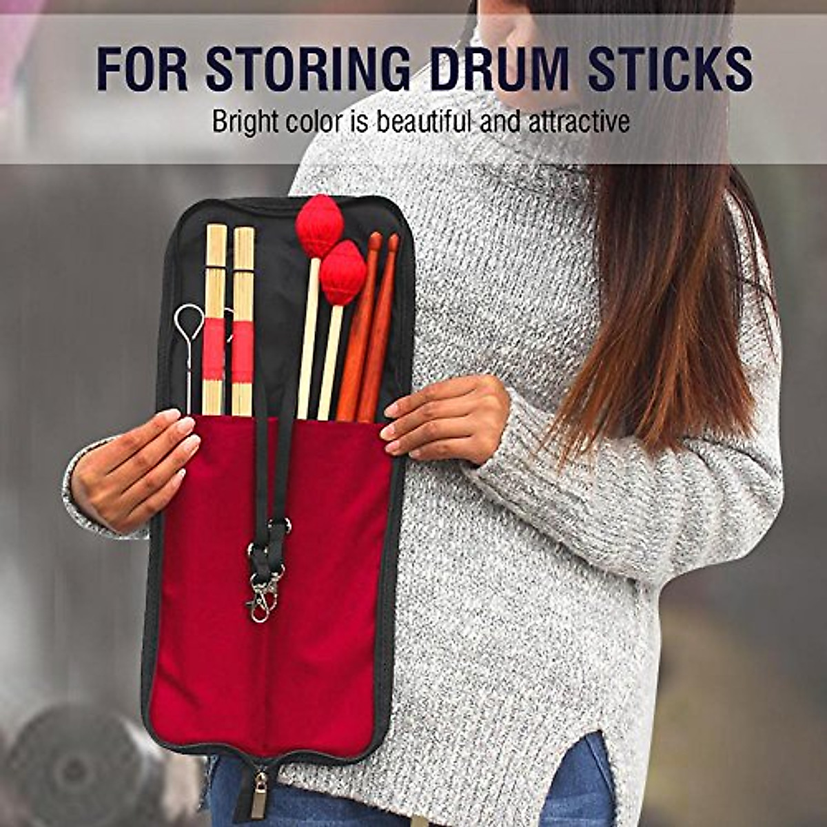 Tbest Drum Stick Bags Sacoche Baguette,Drum Sticks Bag Holder,IRIN Drum Stick Storage Hanging Bag Drumstick Portable Handbag with Handle 5 Colors Available(Black/Red/Green/Blue/)(Red)