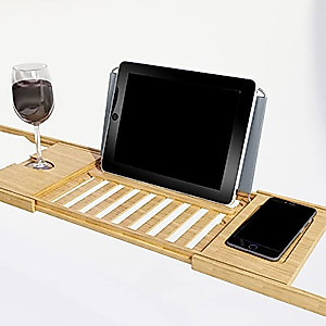 Bamboo Bath Caddy-Natural Wood Bathtub Tray with Extending Sides, Secure Cupholders and Water-Proof Book, Tablet, or Phone Holder by Lavish Home