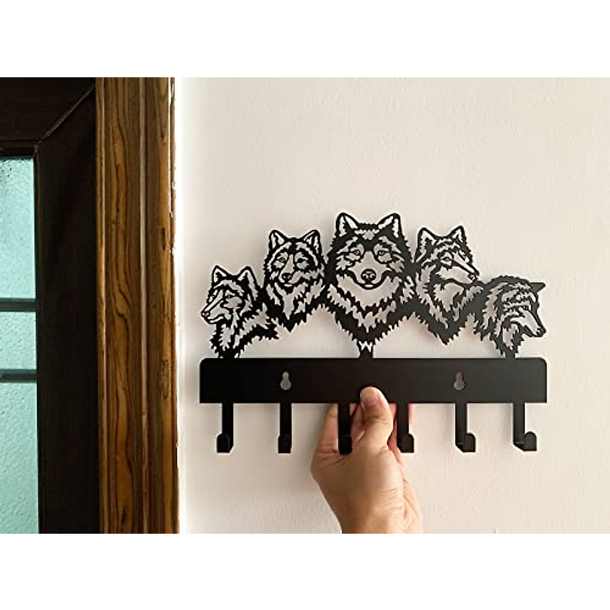 Wildlife Wolf Decoration Coat Hooks Key Rack Self Adhesive Wall Mounted Metal Key Holder for Wall 12 Inch Metal Personalized Modern Home Entryway Bedroom Organizer Key Hat Belt Bag Wall Hanger. (Wolf)