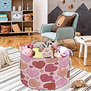 Candy Heart Valentines Day Large Round Baskets for Storage Laundry Baskets with Handles Blanket Storage Basket for Bathroom Shelves Bins for Organizing Nursery Hamper Girl Boy