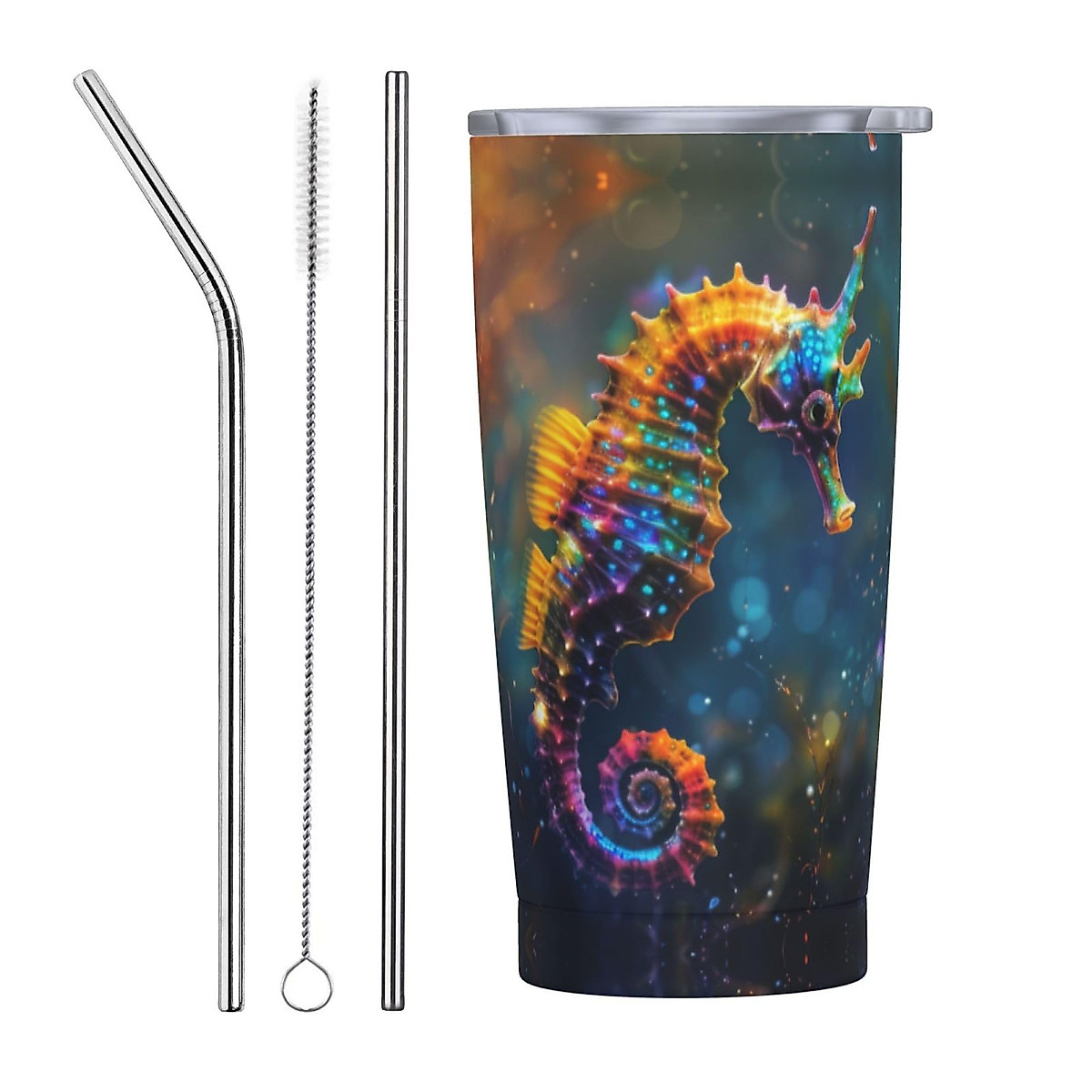 VOSERY Neon Seahorse Underwater Realm Cute Tumbler with Lid and Straw, 20 Oz Stainless Steel Insulated Tumbler Water Bottle Cup, Travel Coffee Mug Personalized Tumbler