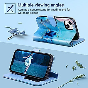 ULAK Compatible with iPhone 13 Wallet Case for Women, Premium PU Leather Flip Cover with Card Holder and Kickstand Feature Protective Phone Case Designed for iPhone 13 6.1 Inch, Blue Marble