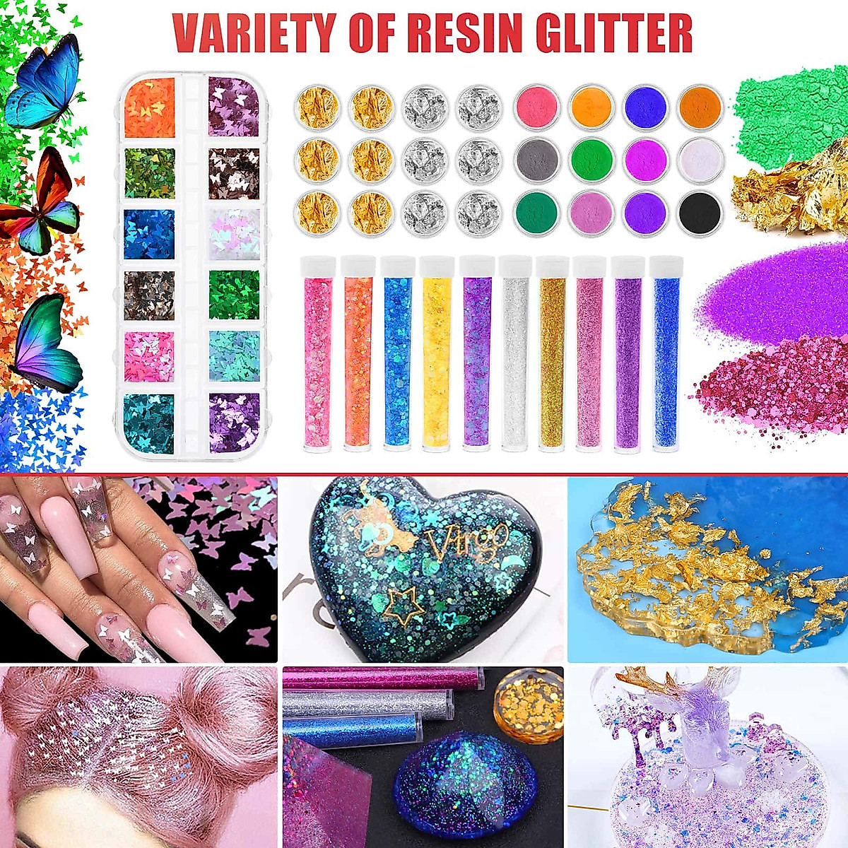 Thrilez Resin Decoration Accessories Kit, Jewelry Making Supplies with Dried Flowers, Glitter Sequin, Mica Powder, Foil Flakes and Epoxy Fillers for Crafts Beginners