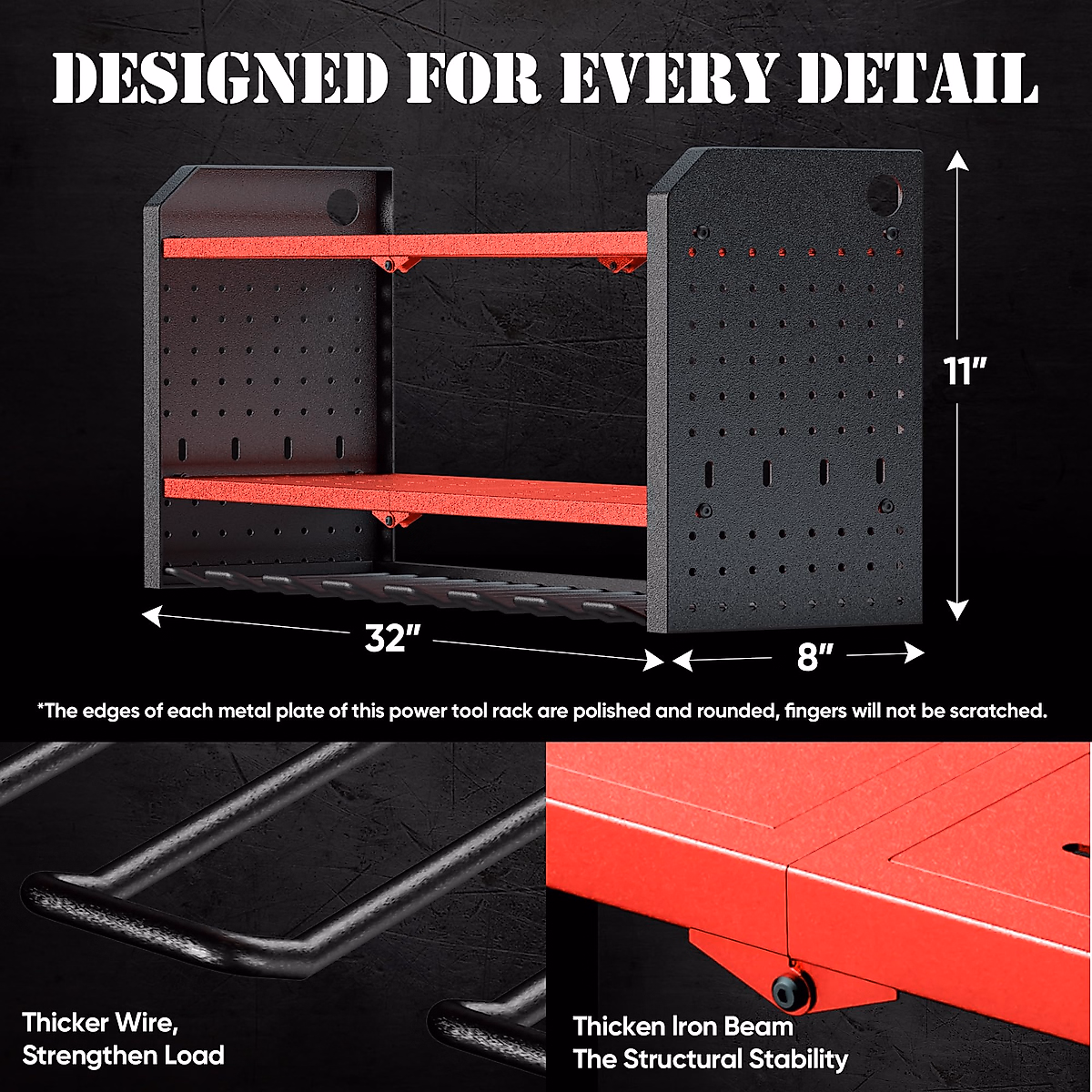 Power Tool Organizer, Large 8 Drill Holder Wall Mount with 2 Side Pegboards, Heavy Duty Metal Tool Shelf with 12 Hooks, 3 Layer Cordless Tool Organizer, Power Tool Storage for Garage Organization