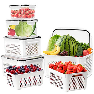 KETNET 5 Size Fruit Vegetable Storage Containers for Fridge with Colander and Lid Refrigerator Storage Containers Bins Organizer for Fruit Food Produce, Lettuce Keeper Keep Fruit Fresh Longer