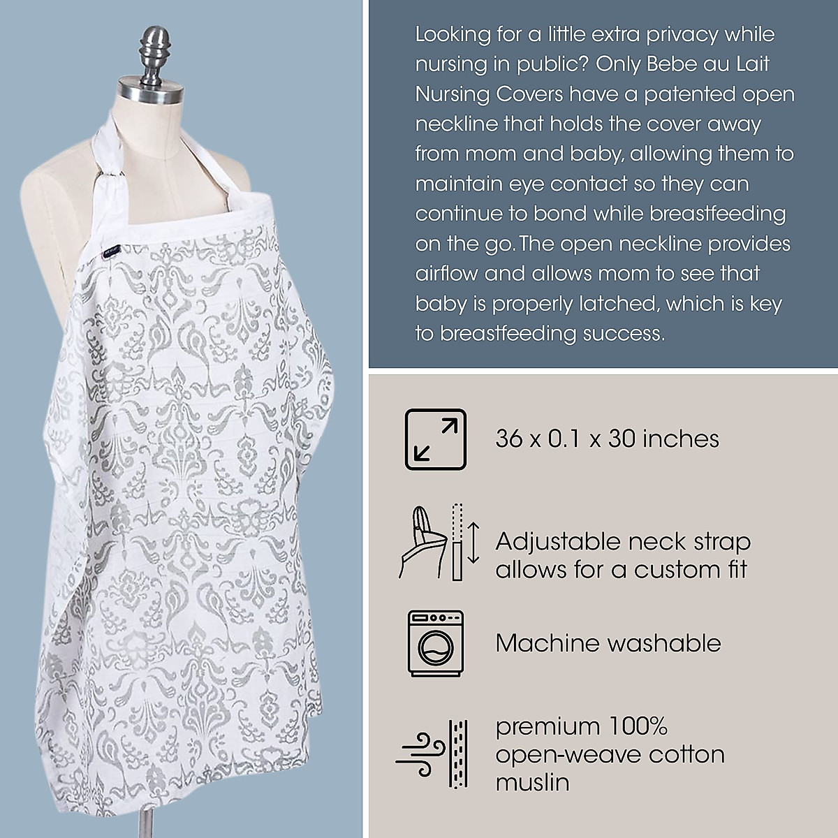 Bebe au Lait Nursing Cover, Apron, Shawl, Privacy Covers for Breast Feeding & Pumping, Breastfeeding Cover for Mom, Soft, & Breathable Muslin Cotton, Full Coverage, One Size Fits All - Atherton