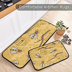 ALAZA Bee on Yellow Background Kitchen Rug Set, 2 Piece Set, Non-Slip Floor Mat for Living Room Bedroom Dorm Home Decor, 19.7 x 27.6 Inch + 19.7 x 47.2 Inch