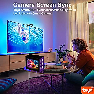 Dosilkc TV LED Backlight with Camera, 1080P WiFi Camera Screen Sync Controller with Phone App, RGBIC LED Lights for TV with Video, Music Rhythm, Scene Mode, 16.4ft Led Strip Lights for 55-70 inch TVs
