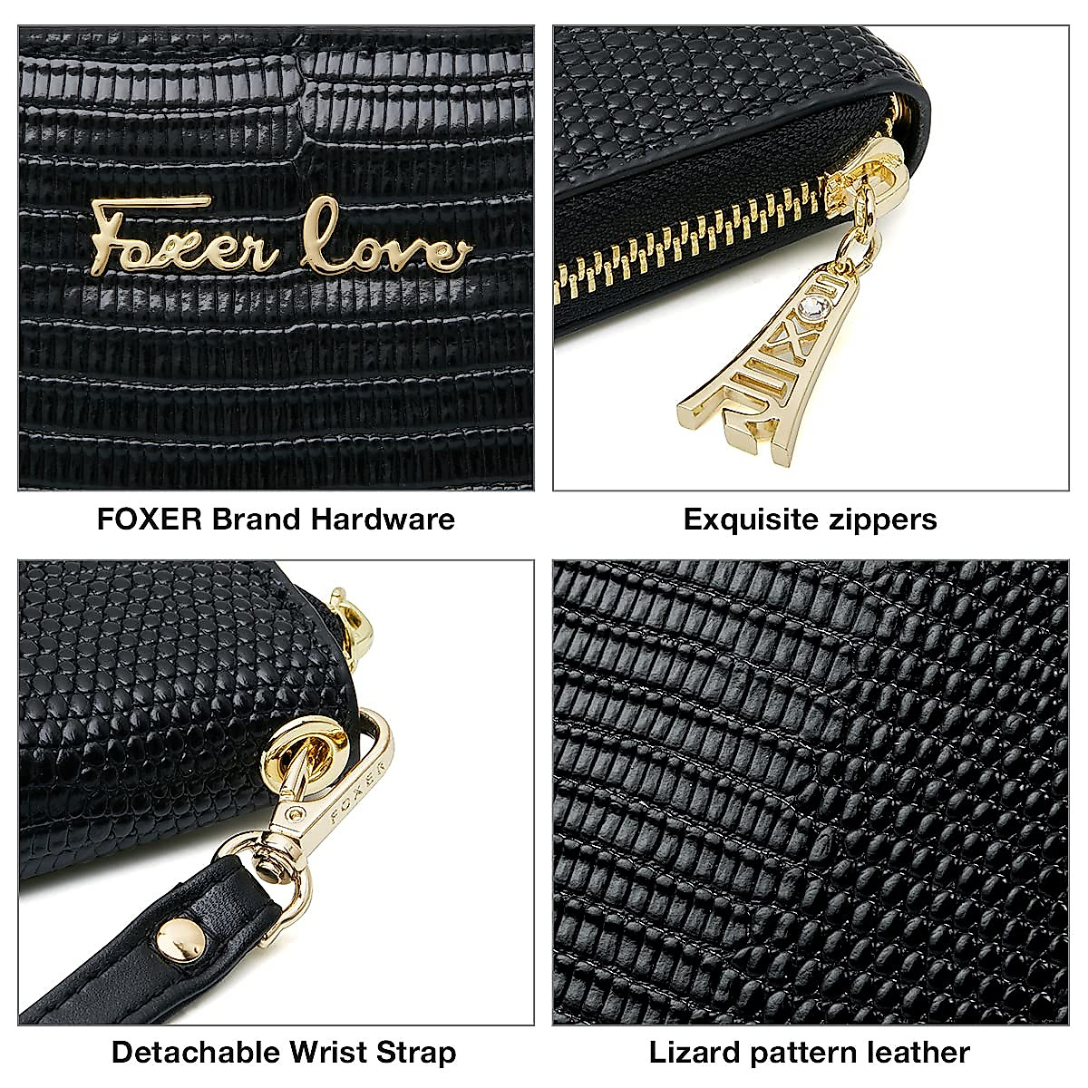 Leather Wallets for Women, Split Cowhide Crocodile Skin Pattern Gift Box Packaging Ladies Fashion Clutch Purses with Wristlet Womens Zipper Long Wallets Women's Credit Card Holders (Black)