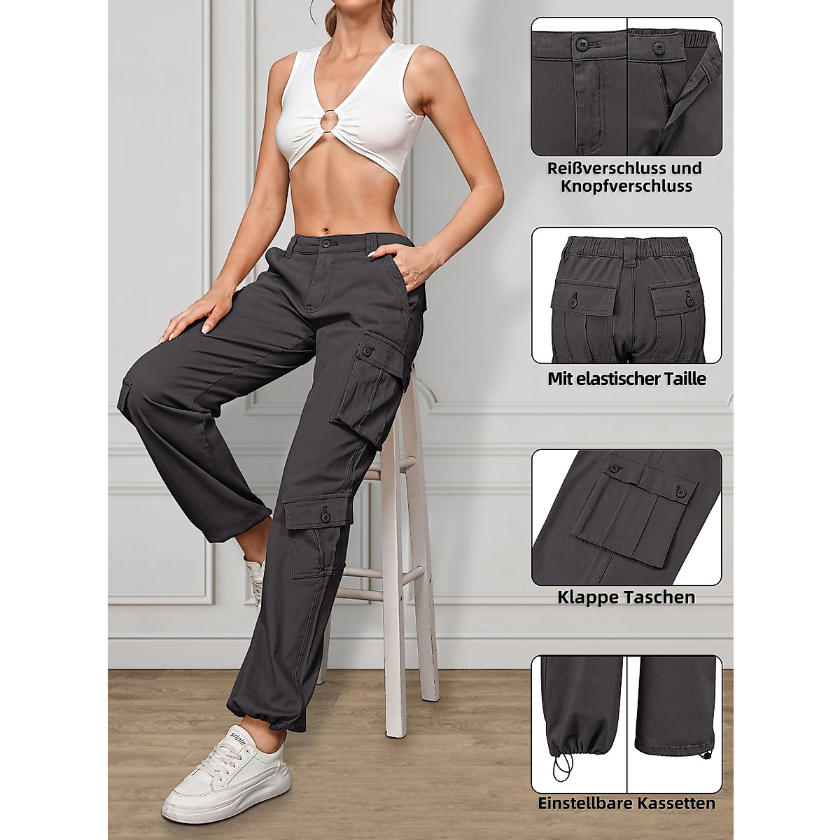 ZMPSIISA Women Pants High Waisted Cargo Pants Combat Military Wide Leg Casual Trousers 8 Pockets(Gray,Large)